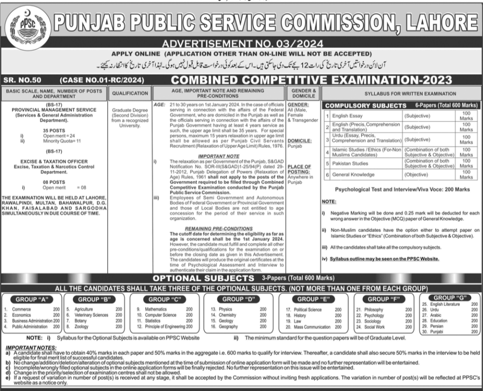 PPSC Combined Competitive Written Exams 2025 Date Sheet Schedule Papers ...