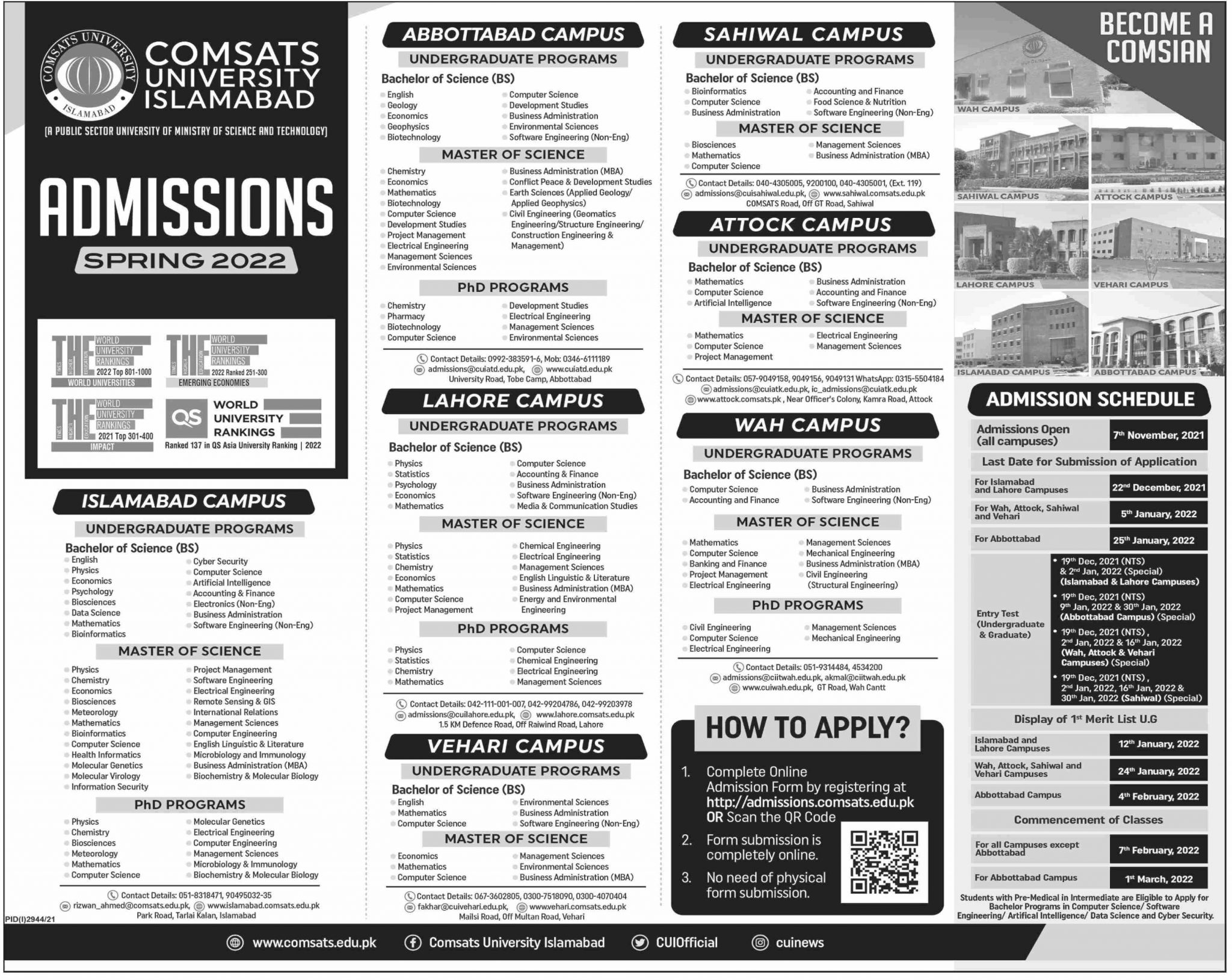 COMSATS University Entry Test Schedule 2025 Test Dates