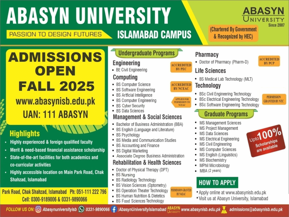 Abasyn University Admission 2025 AU Sub Campus Islamabad Apply Online