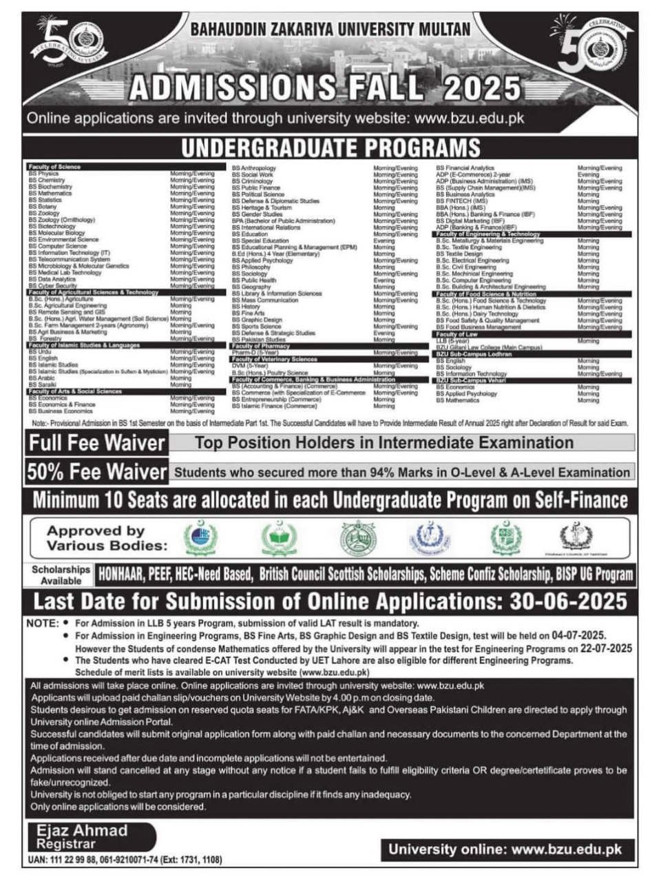 BZU Multan Postgraduate Admission 2025 Application Form Online ...