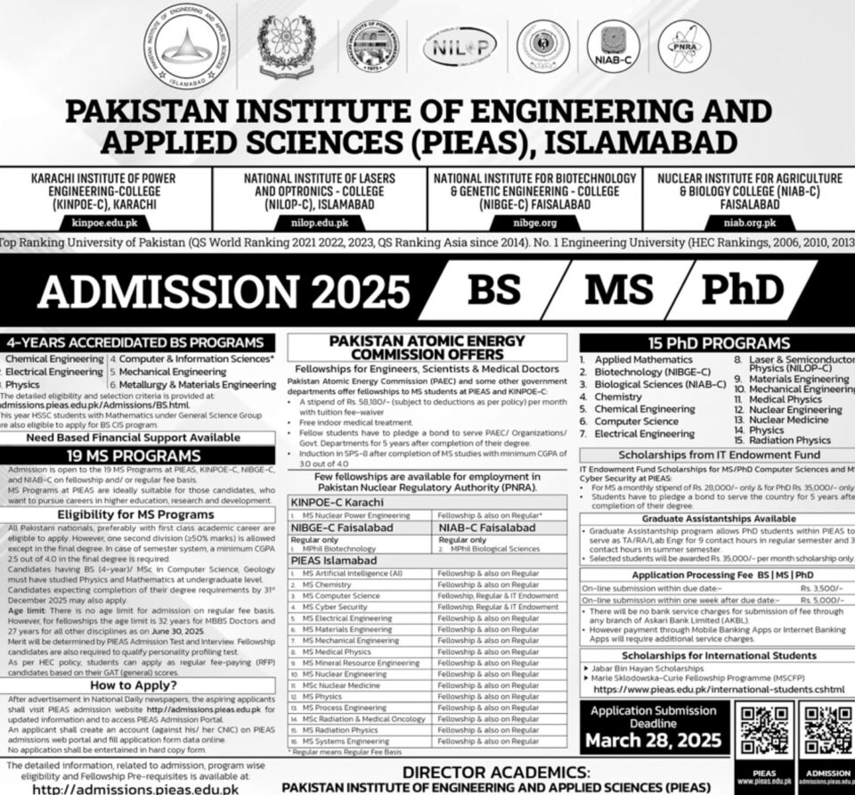 PIEAS Admission 2025 Apply Online with Last Date PIEAS Admission 2025 Apply Online with Last Date