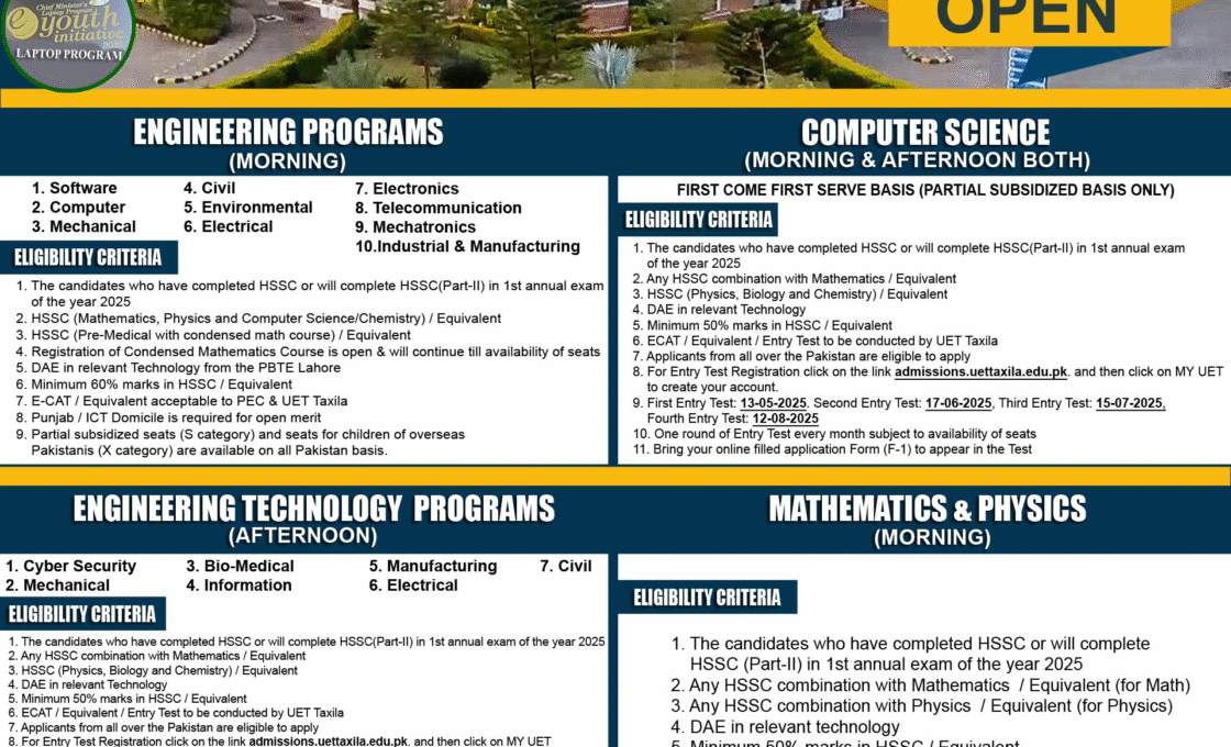 UET Admission 2025 Online Apply Last Date