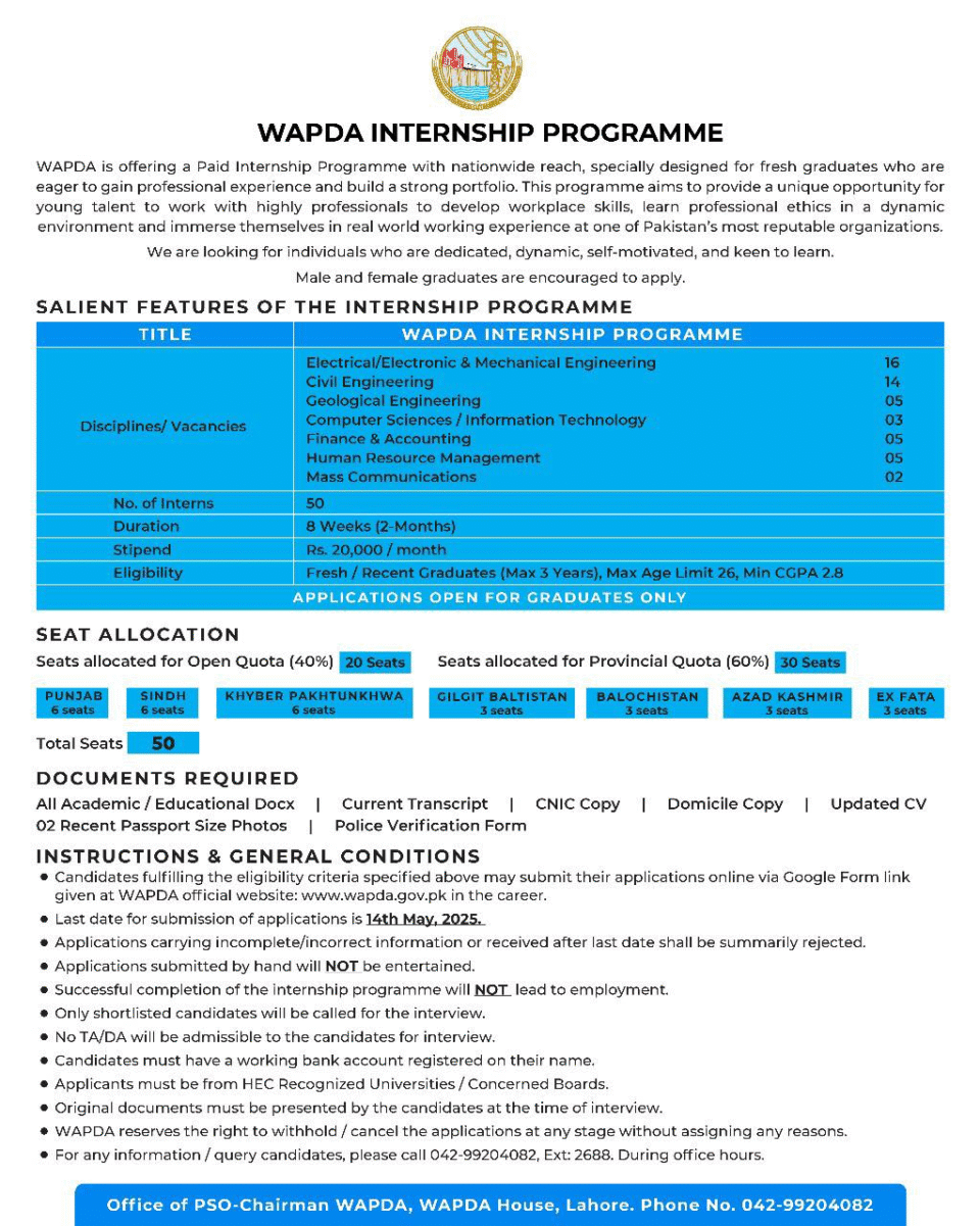 WAPDA Internship 2025 Earn 20,000 Per Month Registration Online
