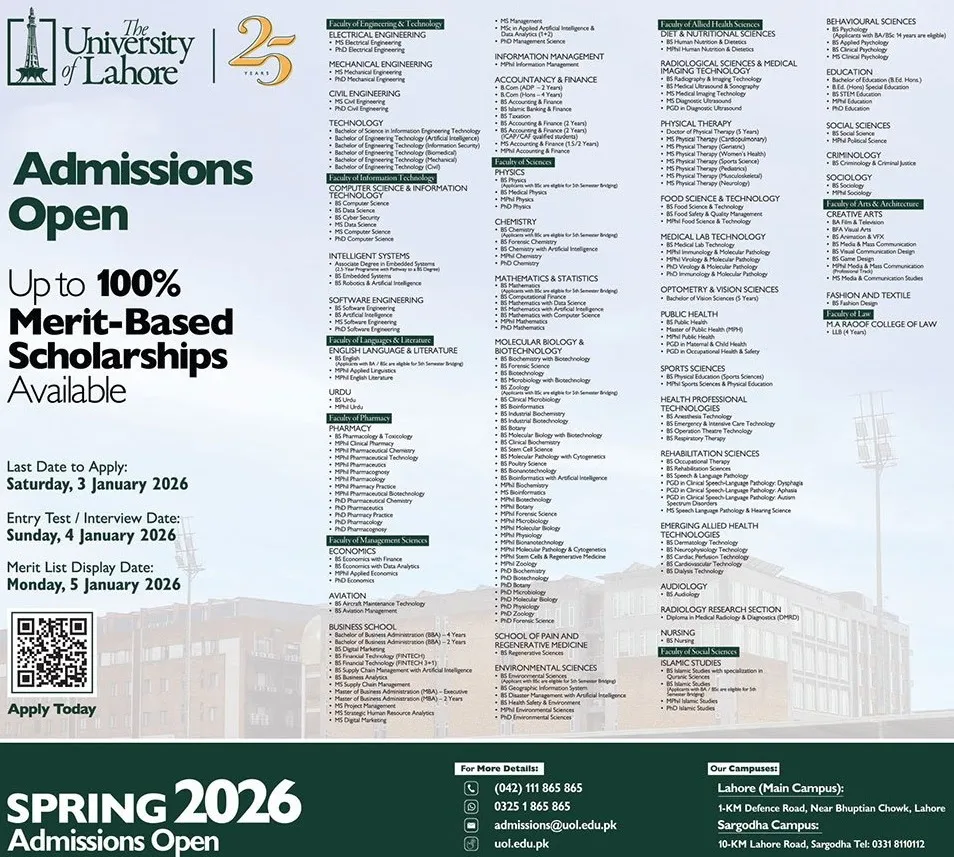 University Of Lahore UOL Admissions 2026 Apply Online Programs ...